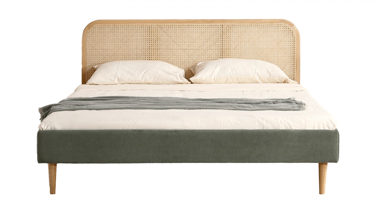 Lit adulte 140x190 cm en velours côtelé vert kaki avec tête de lit en ...