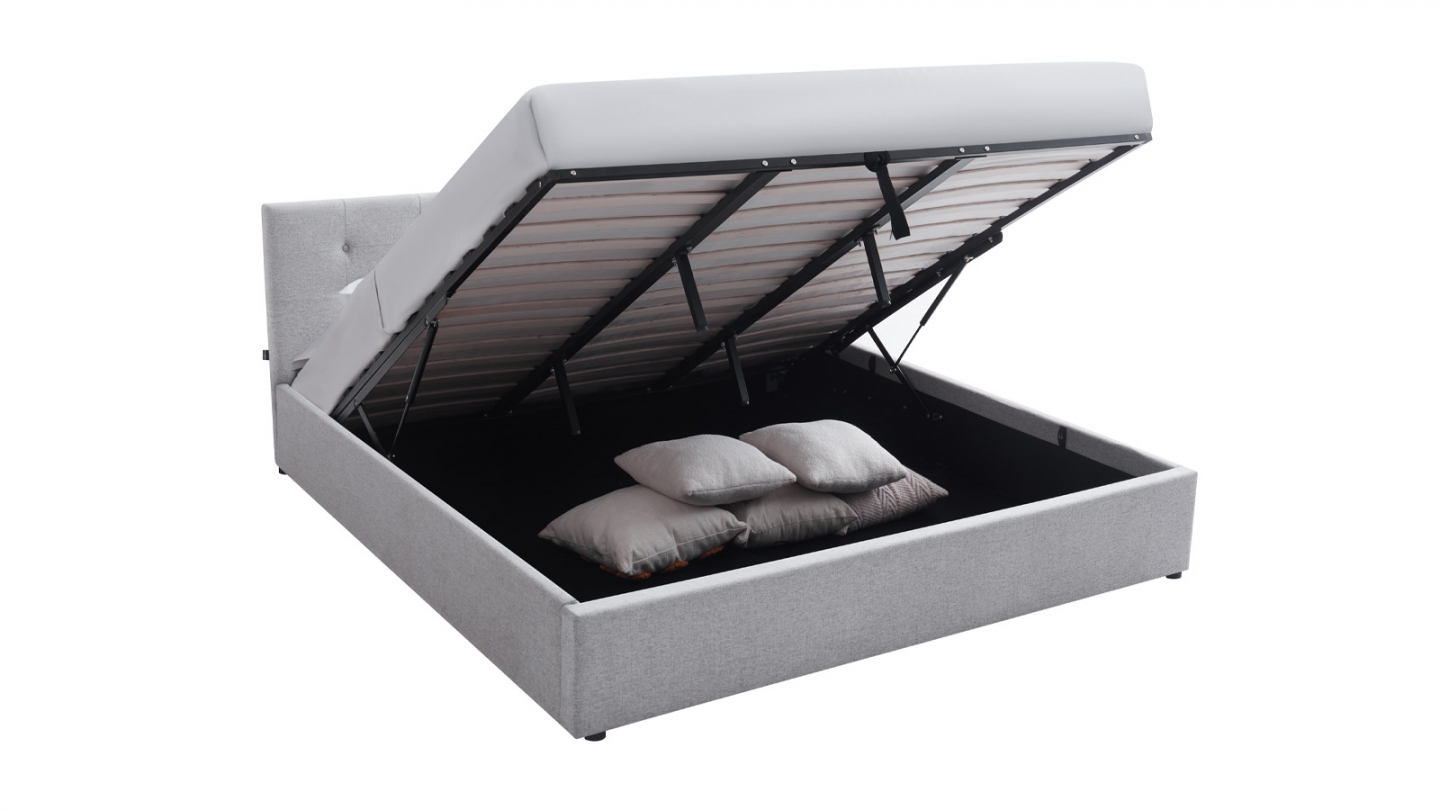 Lit coffre adulte 180x200 cm avec tête de lit capitonnée en tissu gris ...
