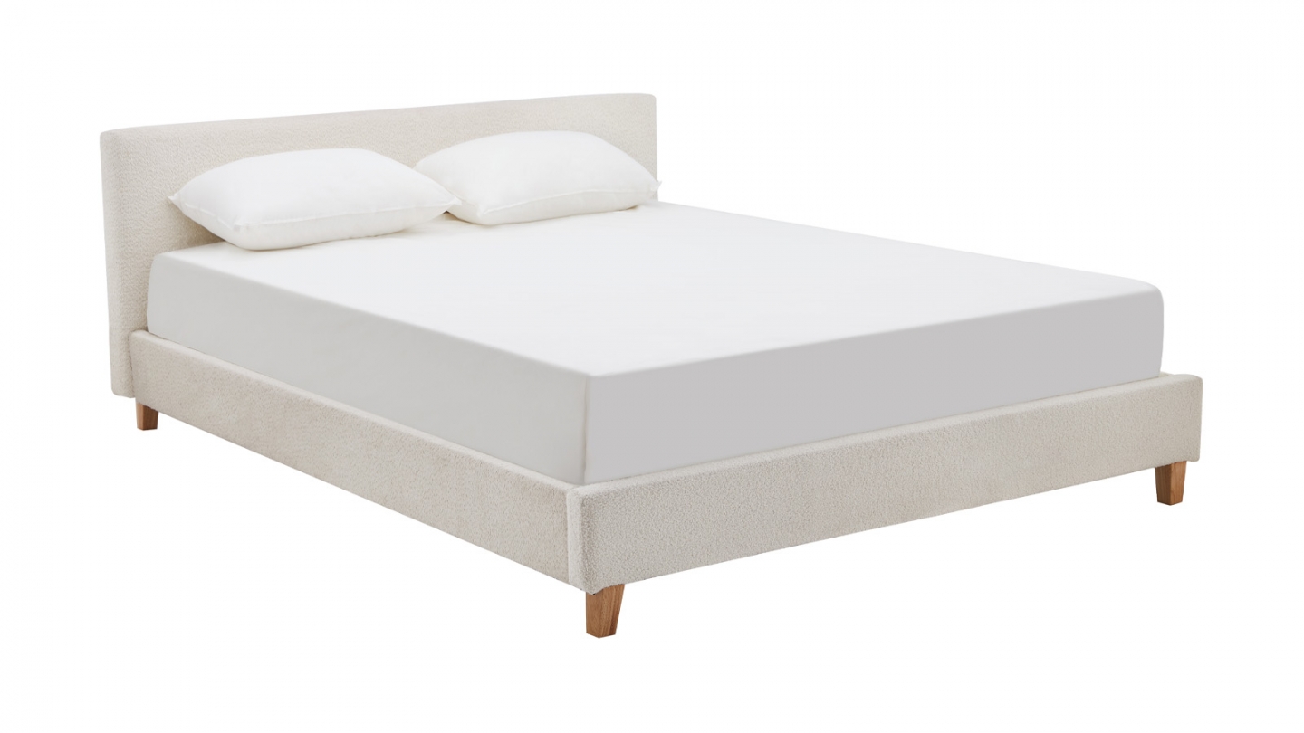 Lit adulte 160x200 cm avec tête de lit capitonnée en tissu bouclé beige ...