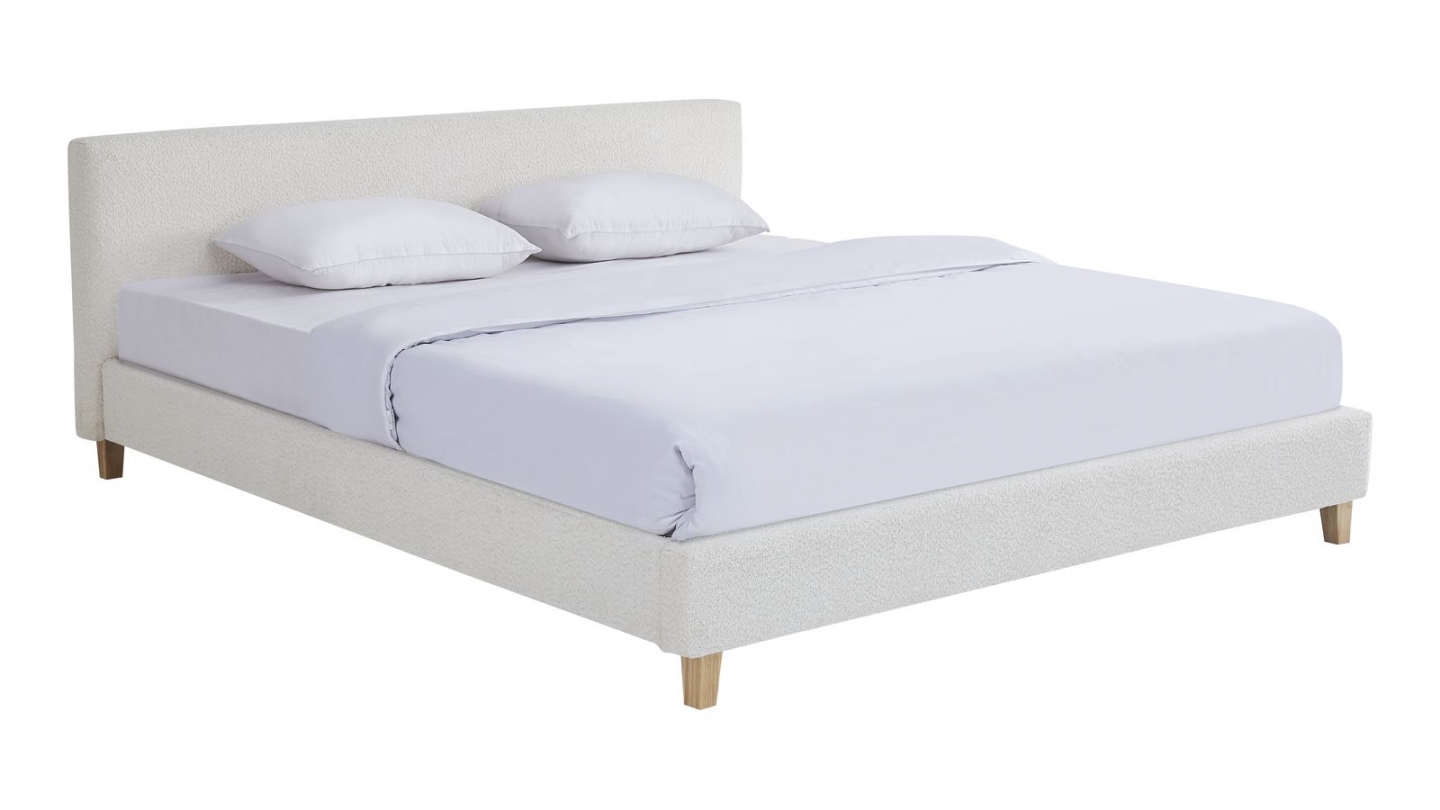 Lit adulte 180x200 cm avec tête de lit capitonnée en tissu bouclé beige ...