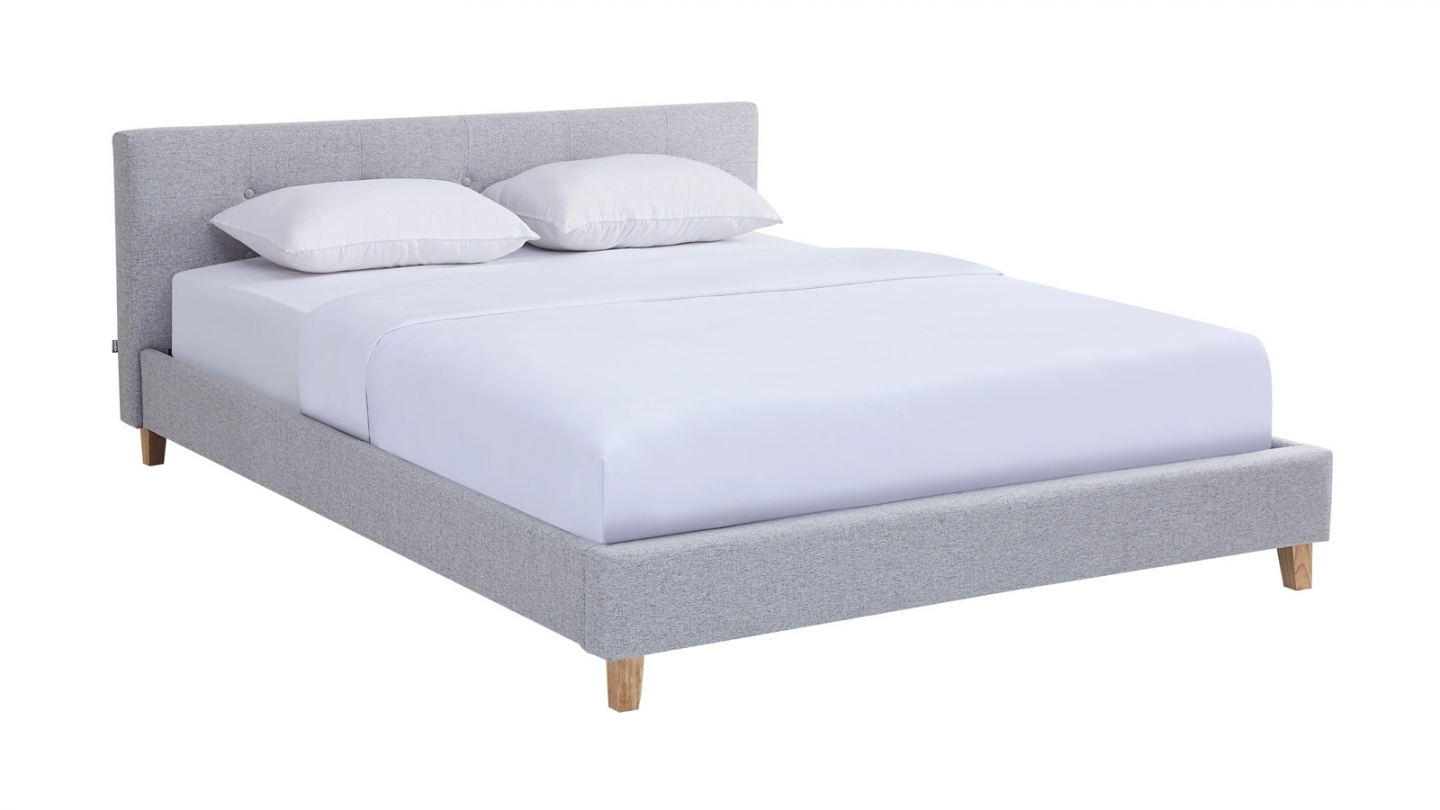 Lit adulte 140x190 cm avec tête de lit capitonnée en tissu gris chiné ...