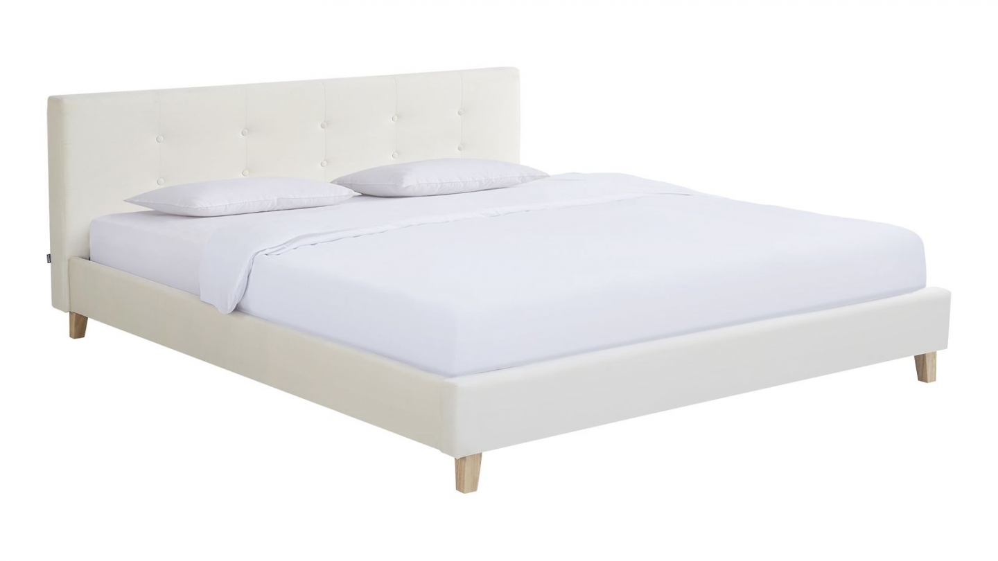Lit adulte 140x190 cm avec tête de lit capitonnée en velours beige ...